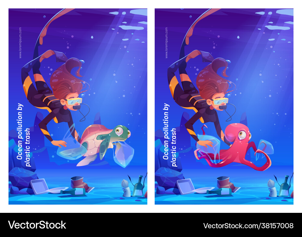 Ocean pollution with plastic trash cartoon posters