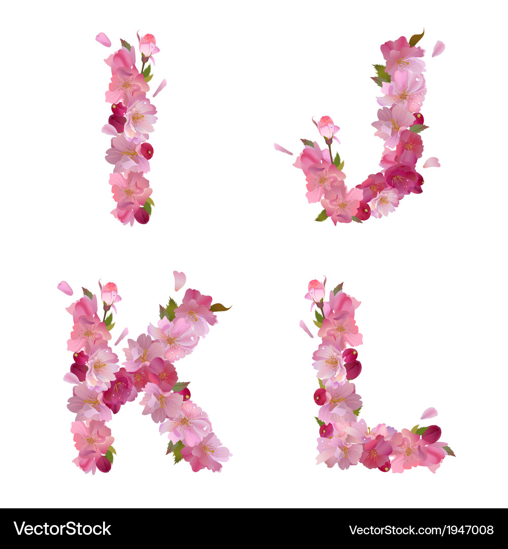 Spring alphabet with cherry flowers ijkl Vector Image