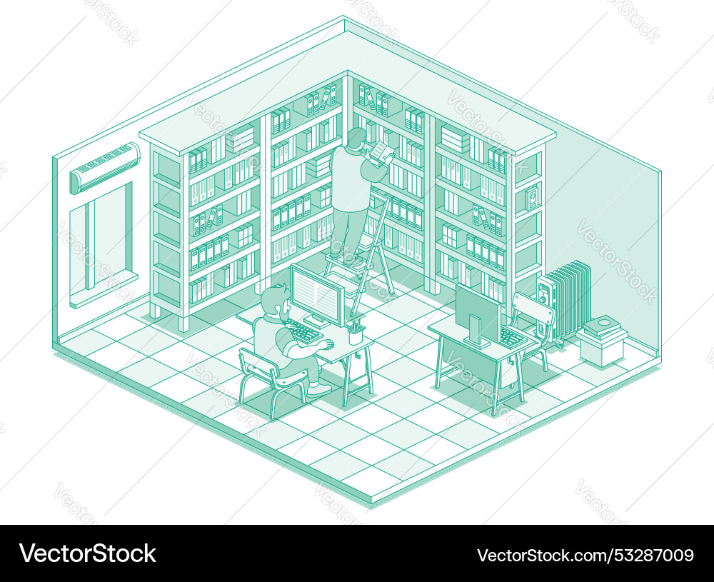 Isometric library with books on shelves man stand Vector Image