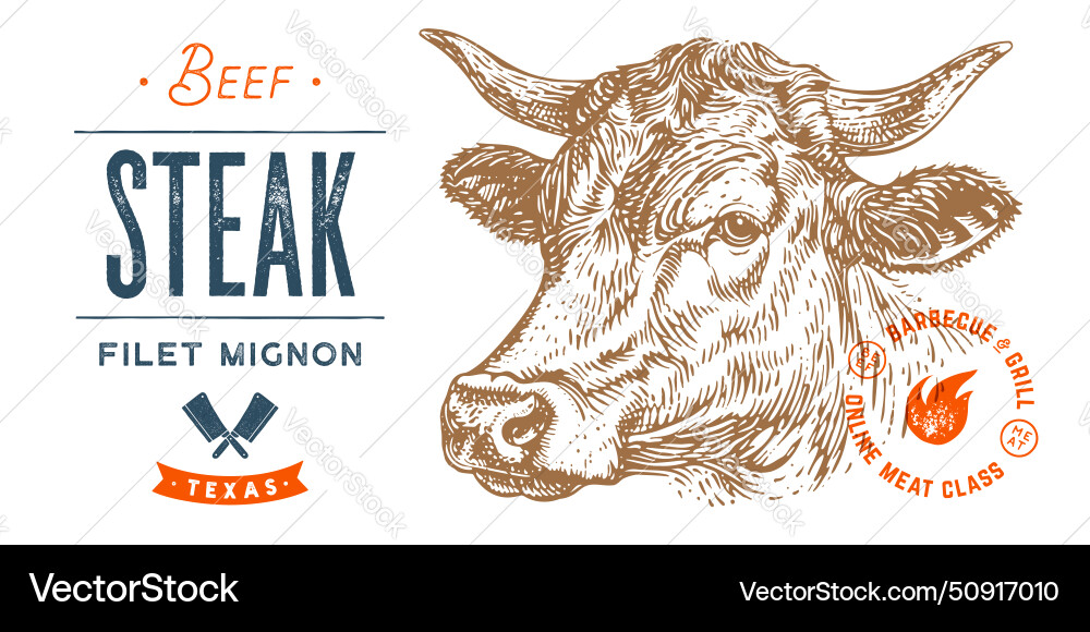 Cow bull beef head meat tag label Royalty Free Vector Image