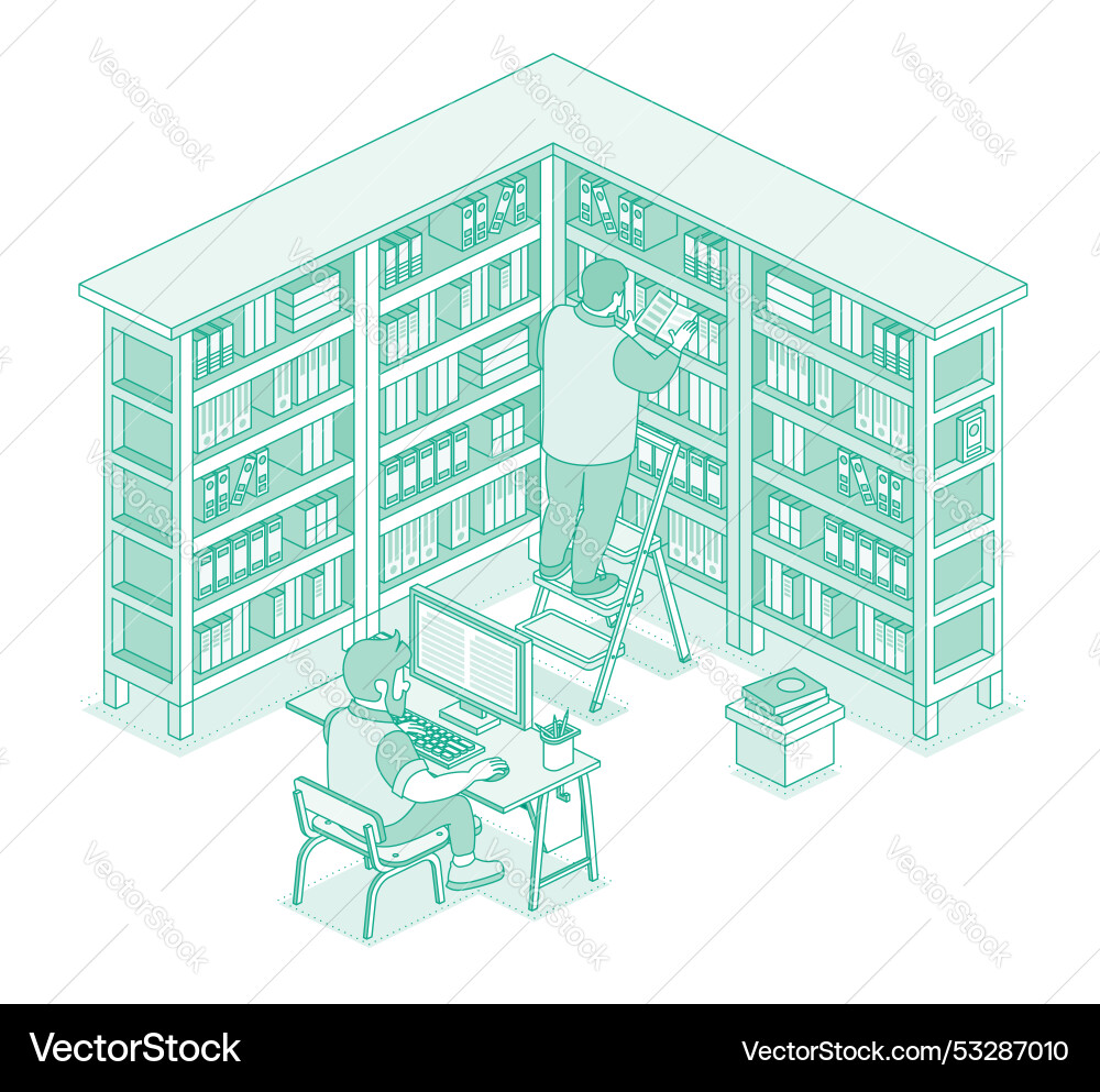 Isometric library with books on shelves man stand Vector Image