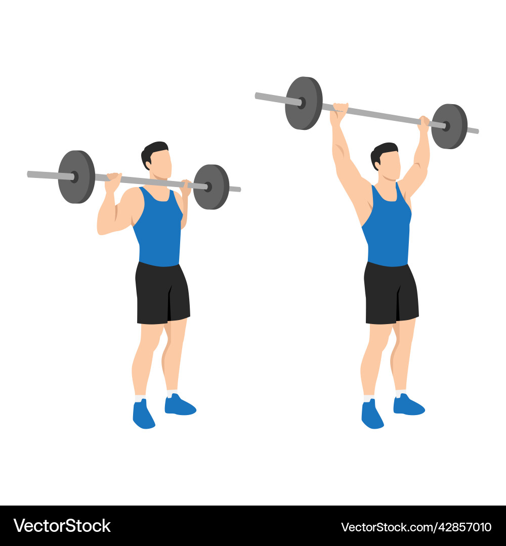 Man doing standing barbell shoulder press exercise
