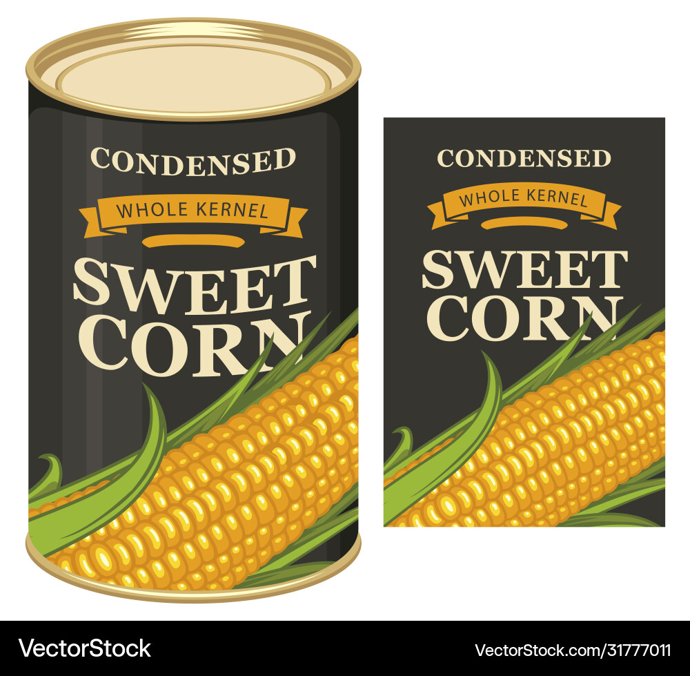 Sweet corn label and tin can Royalty Free Vector Image