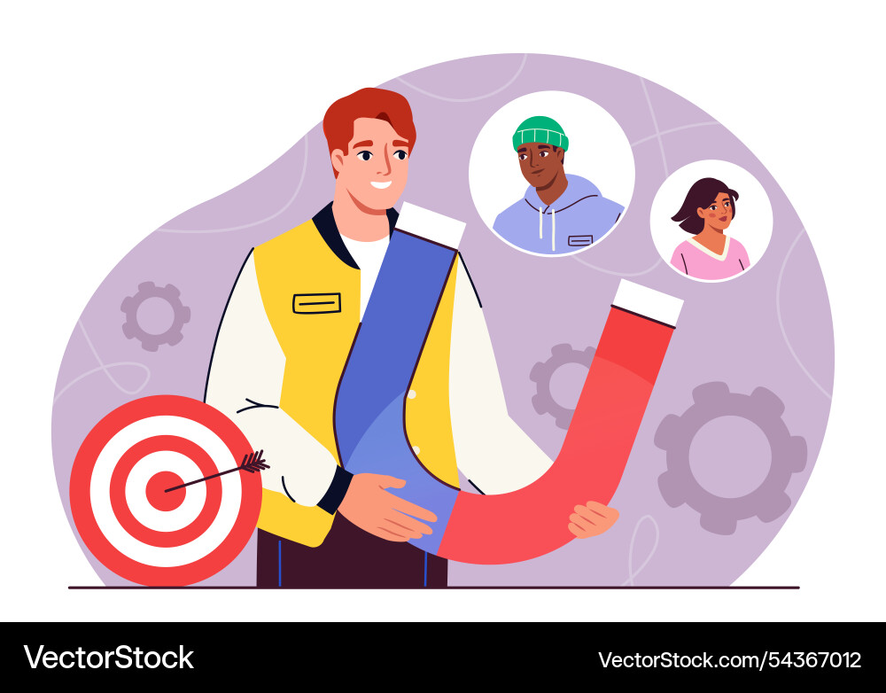 Customer engagement concept man with magnet near Vector Image