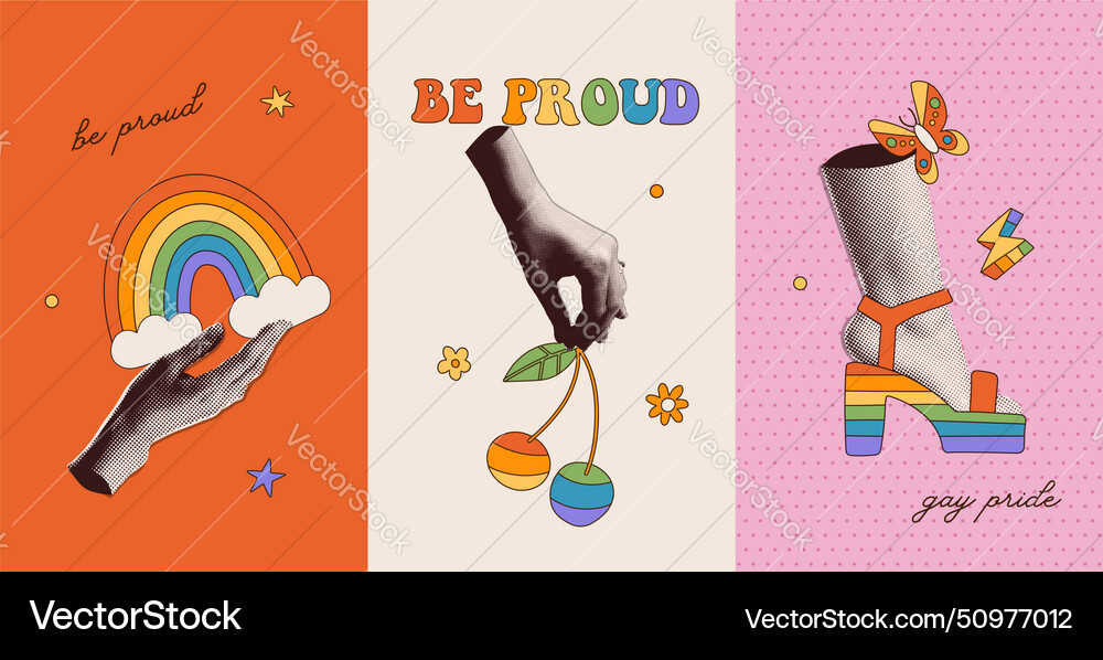 Set of posters for pride month halftone collage Vector Image
