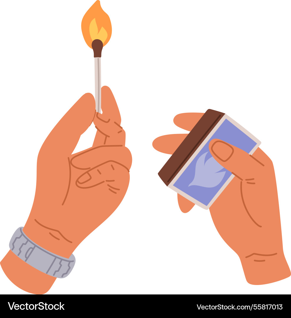 Burning match in human fingers hands lighting Vector Image