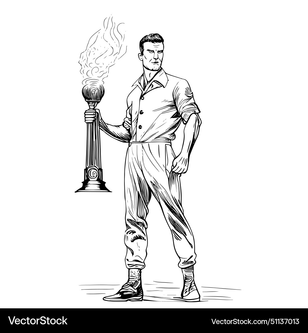 Fire stocky and strong man stands and holds a Vector Image