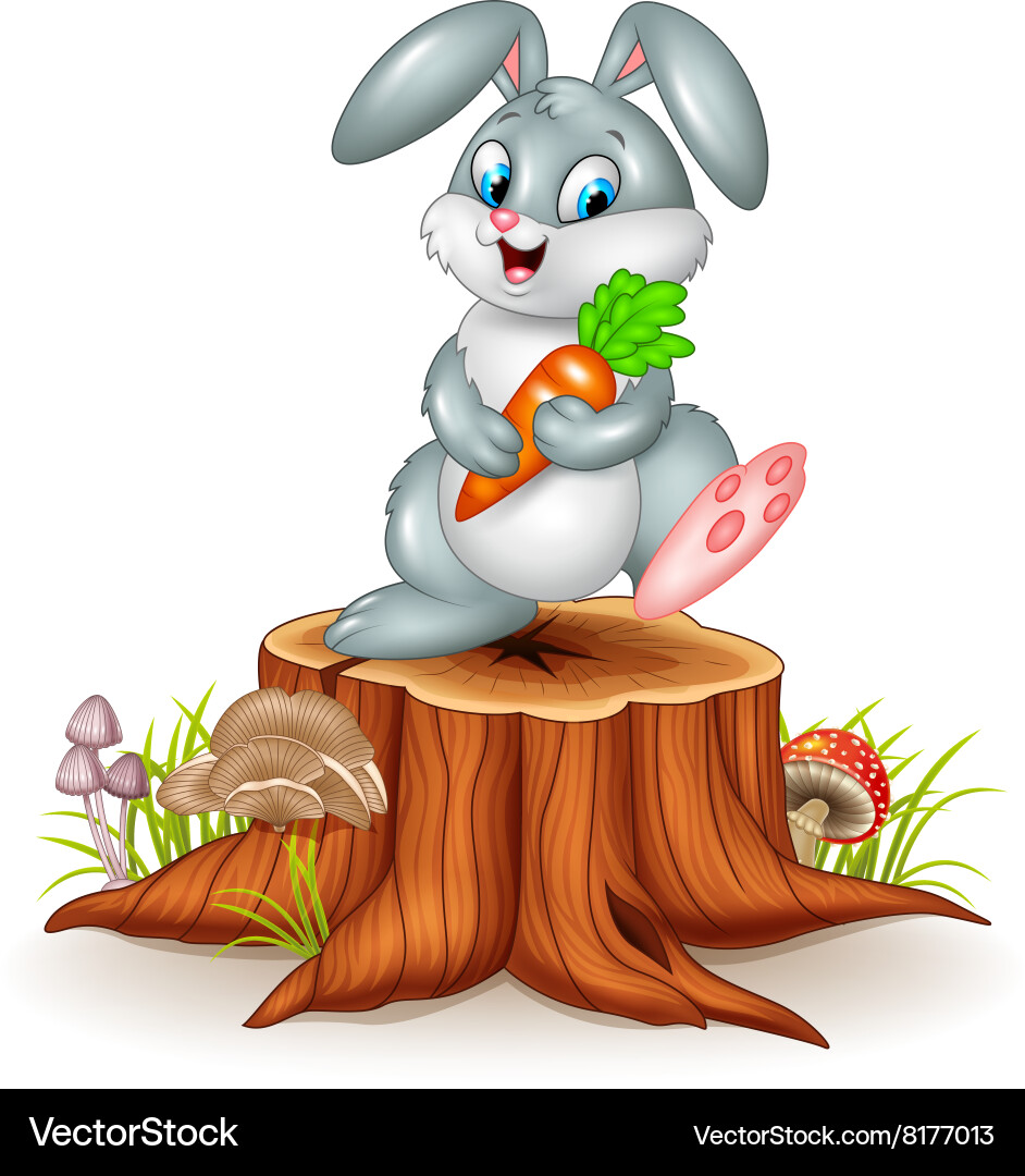 Little bunny holding carrot on tree stump Vector Image