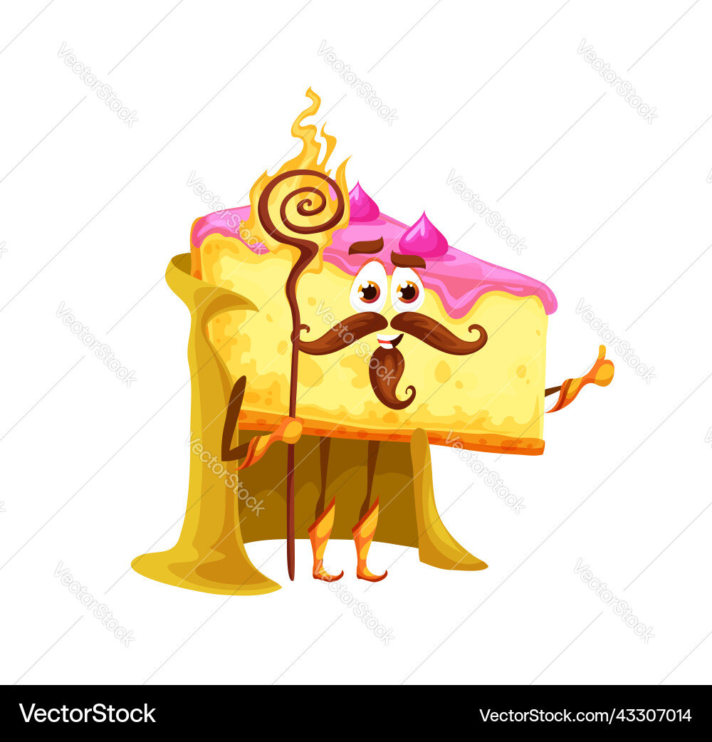 Cartoon cheesecake dessert wizard character Vector Image