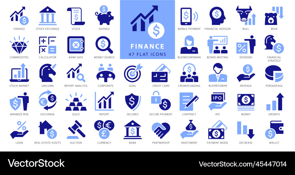 Finance flat icons collection - blue style Vector Image