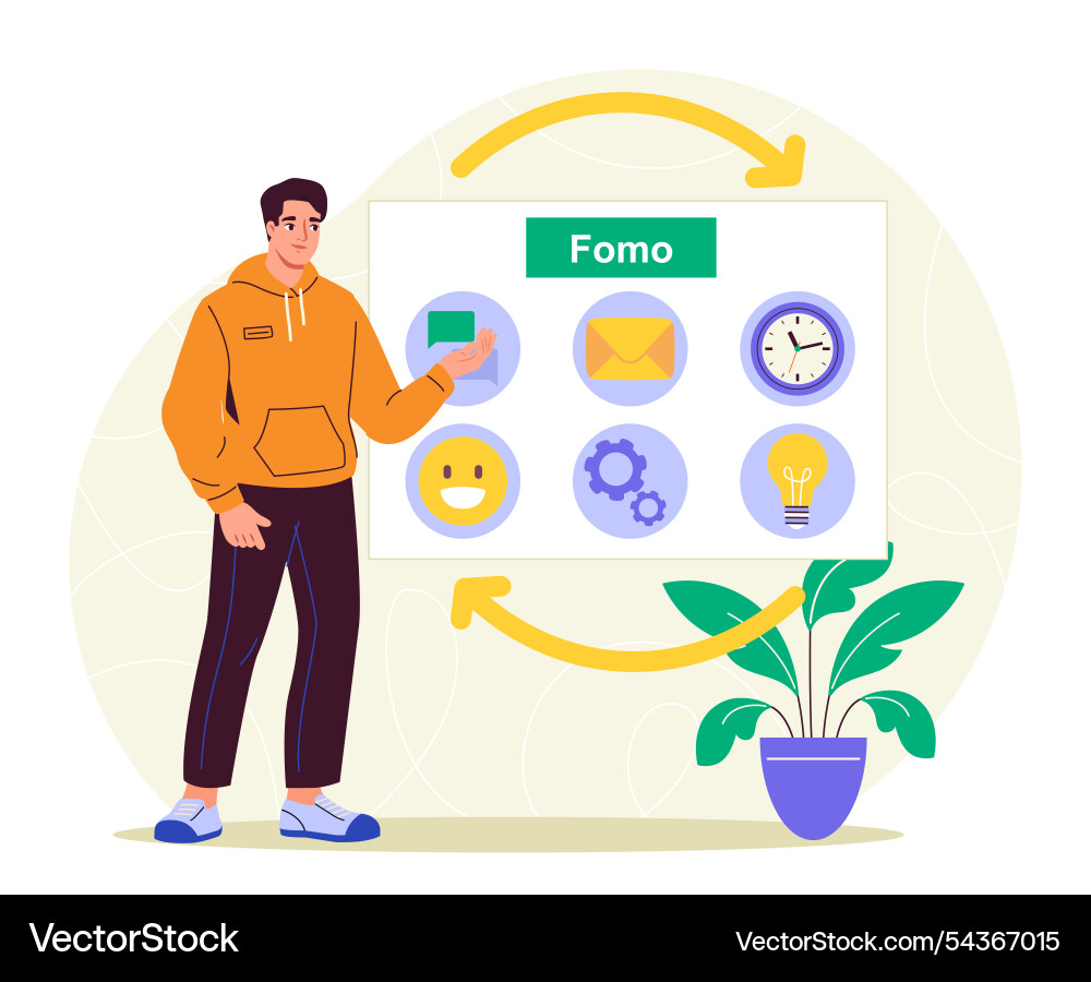 Fomo man concept young guy with fear of missing Vector Image