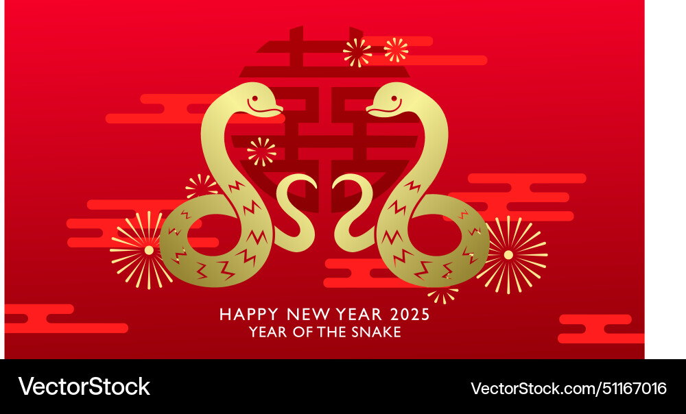 Two zodiac snakes on red background with clouds Vector Image