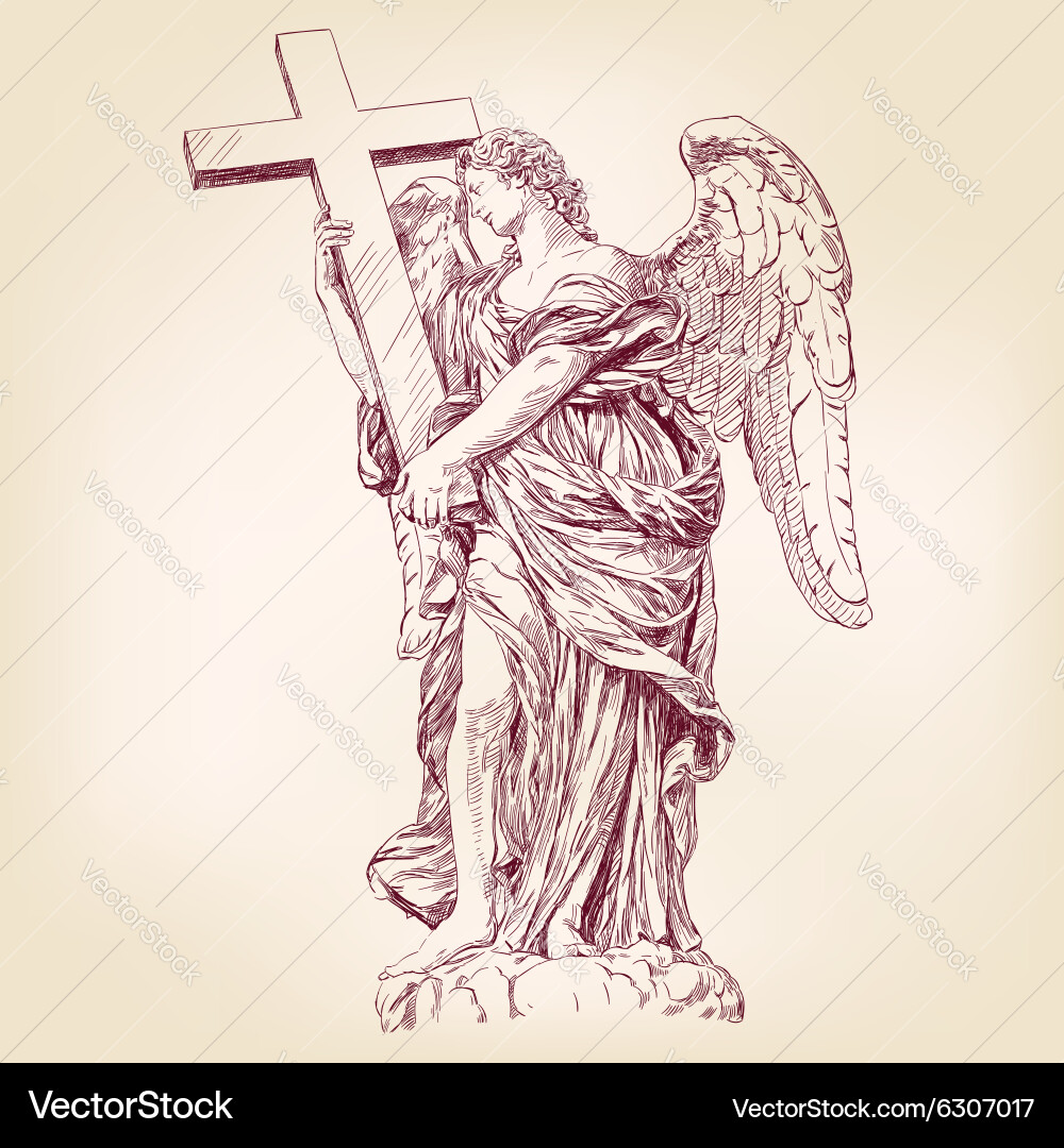 Angel holding a cross hand drawn Royalty Free Vector Image