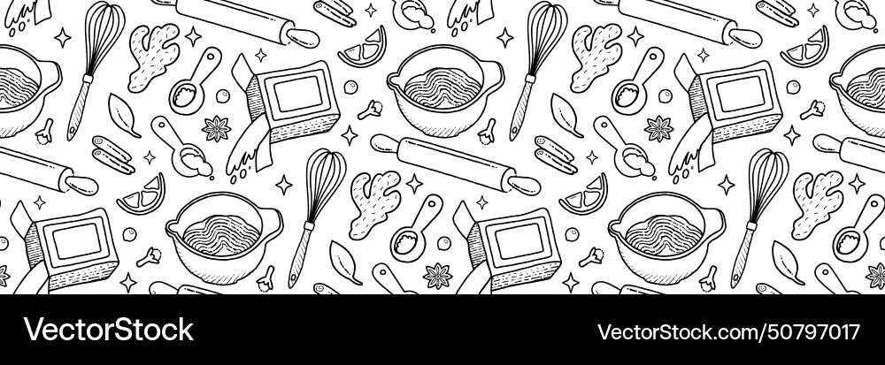 Kitchenware and cook ingredients outline pattern Vector Image