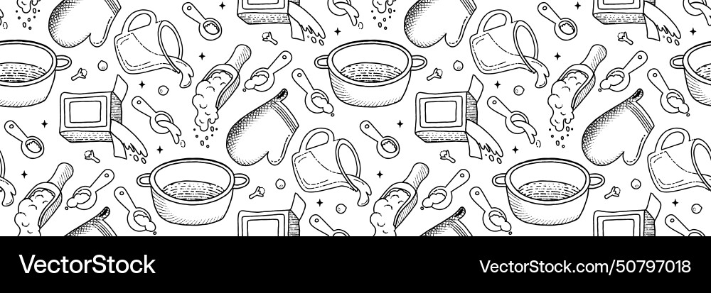 Kitchenware and cook ingredients outline pattern Vector Image