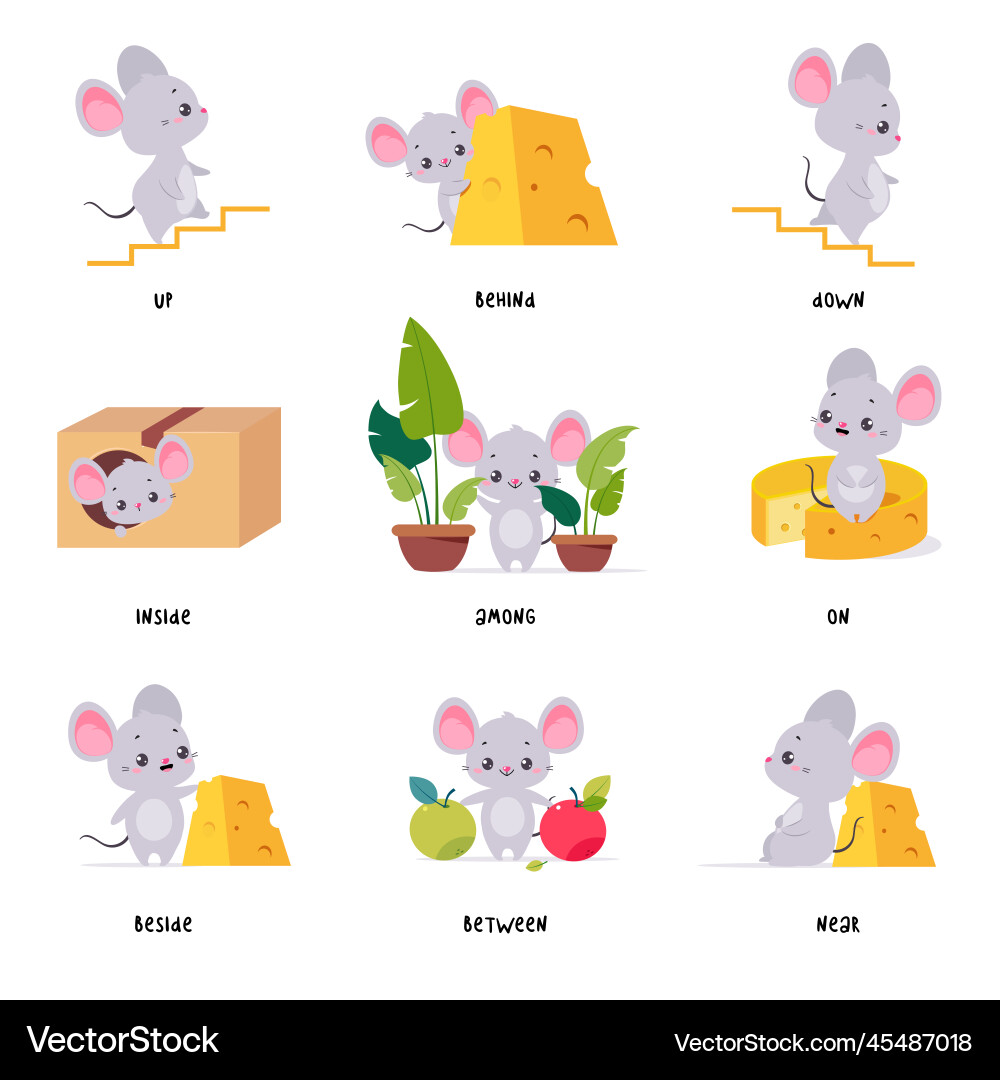Little mouse and english language preposition Vector Image