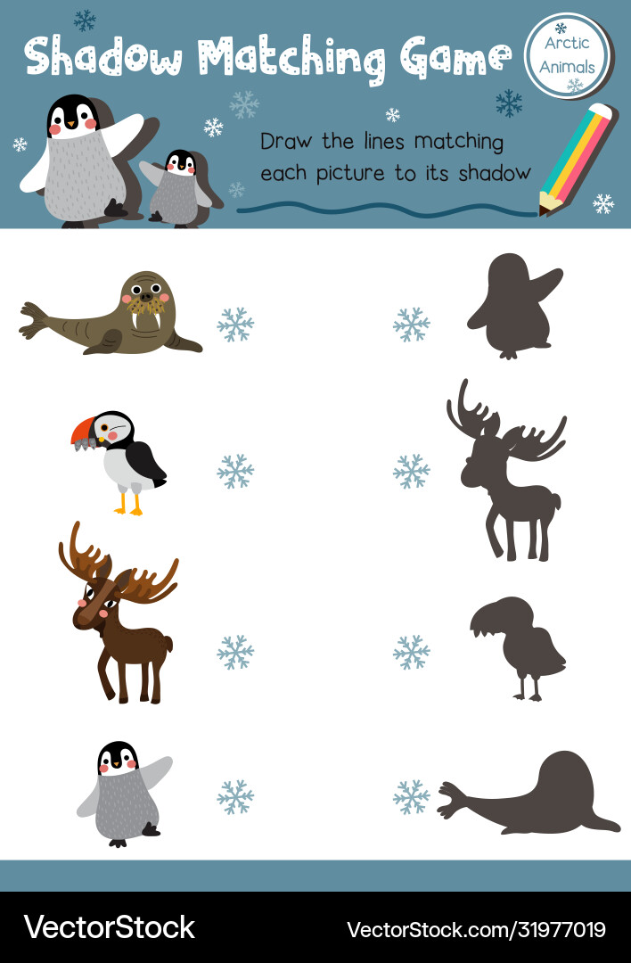 Shadow matching game arctic animal Royalty Free Vector Image