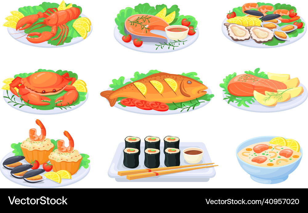 Cartoon Seafood Plate - Diverse Dishes Royalty Free Vector