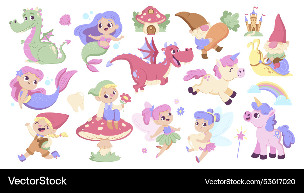 Hand drawn flat cute mythical creatures elements Vector Image