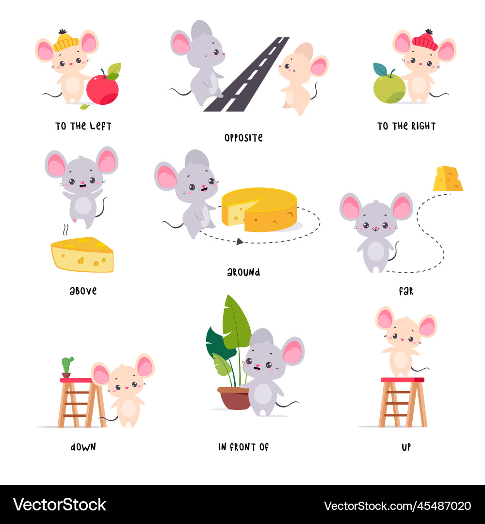 Little mouse and english language preposition Vector Image