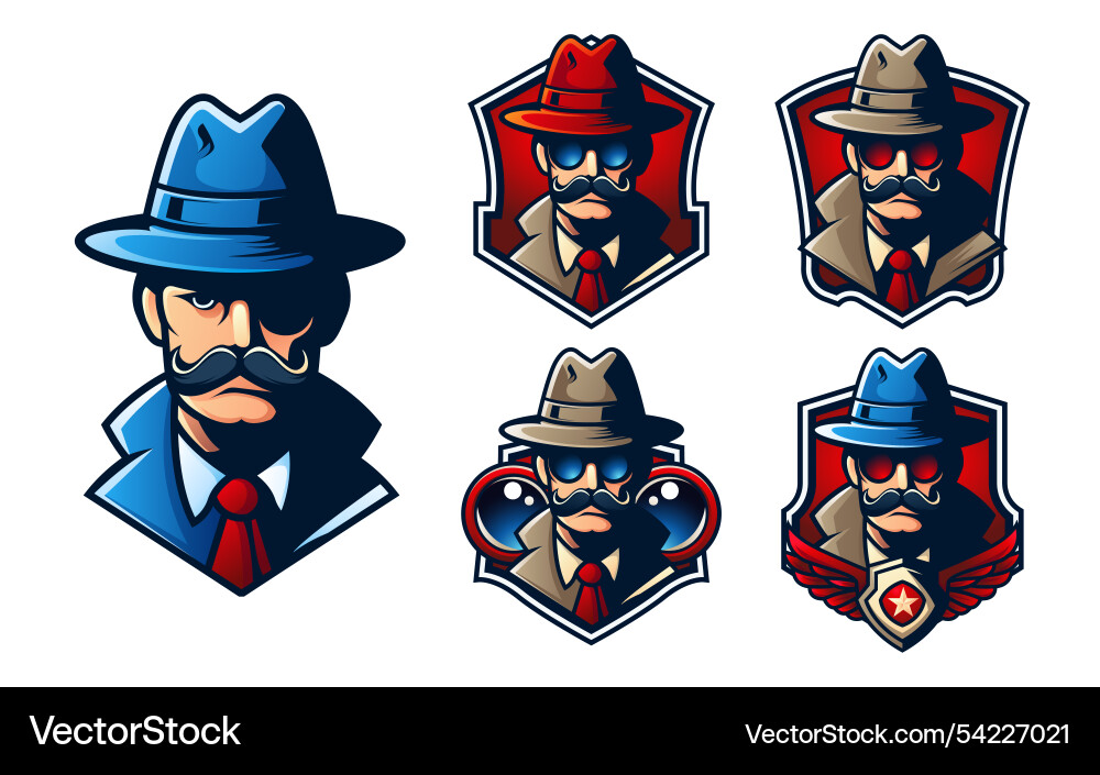 Cartoon detective logo set with various designs Vector Image