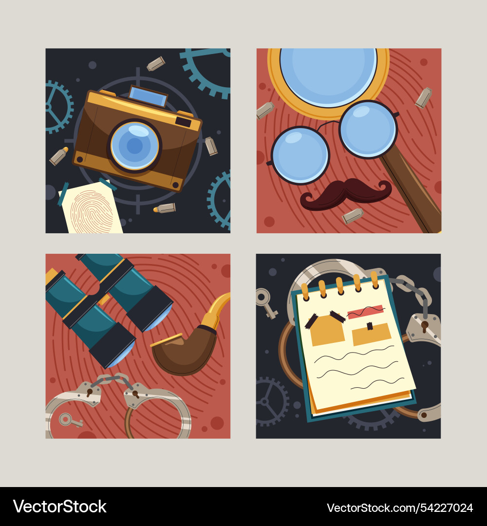 Detective tools collage with fingerprint Vector Image