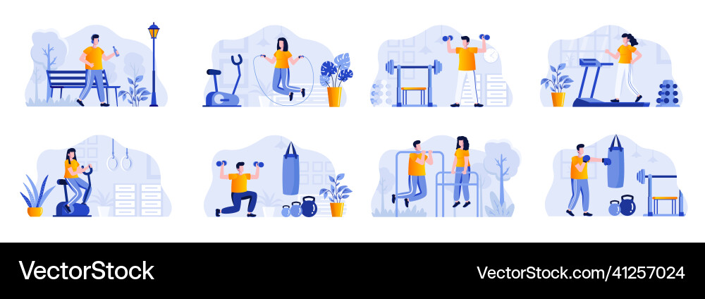 Fitness scenes bundle with people characters Vector Image