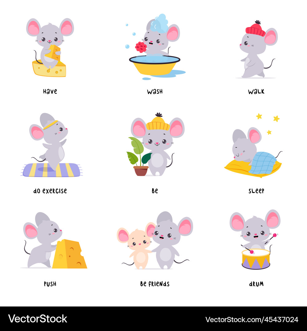 Little mouse demonstrating english verbs Vector Image
