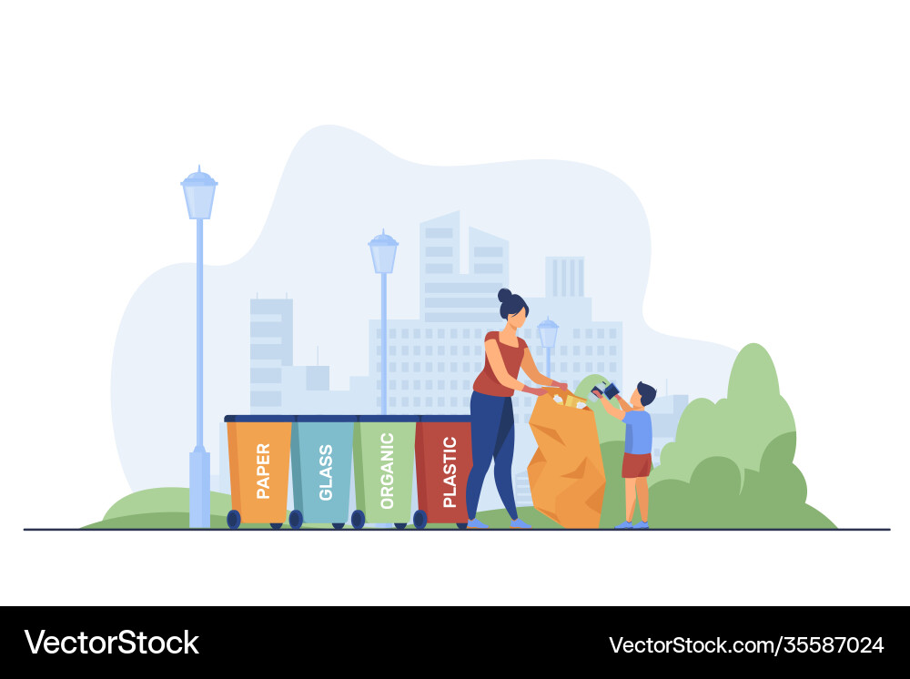 Woman and kid sorting garbage Royalty Free Vector Image