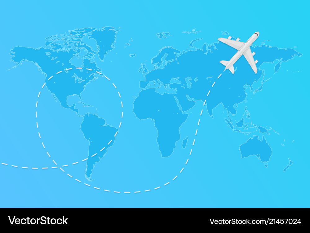 World map with flying airplane and dashed Vector Image