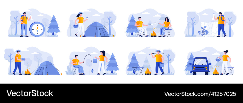 Camping scenes bundle with people characters Vector Image