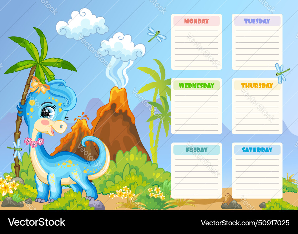 Cute blue dinosaur printable weekly planner Vector Image
