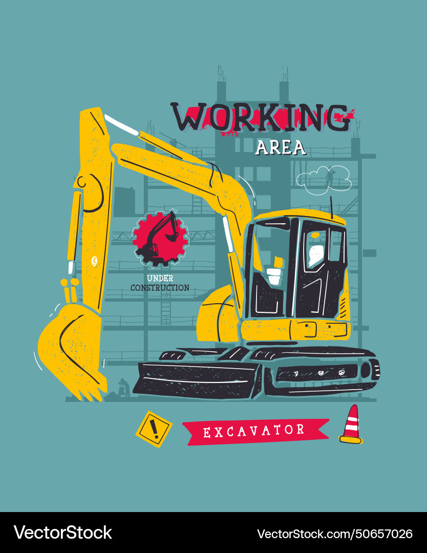 Big yellow excavator in construction worker Vector Image