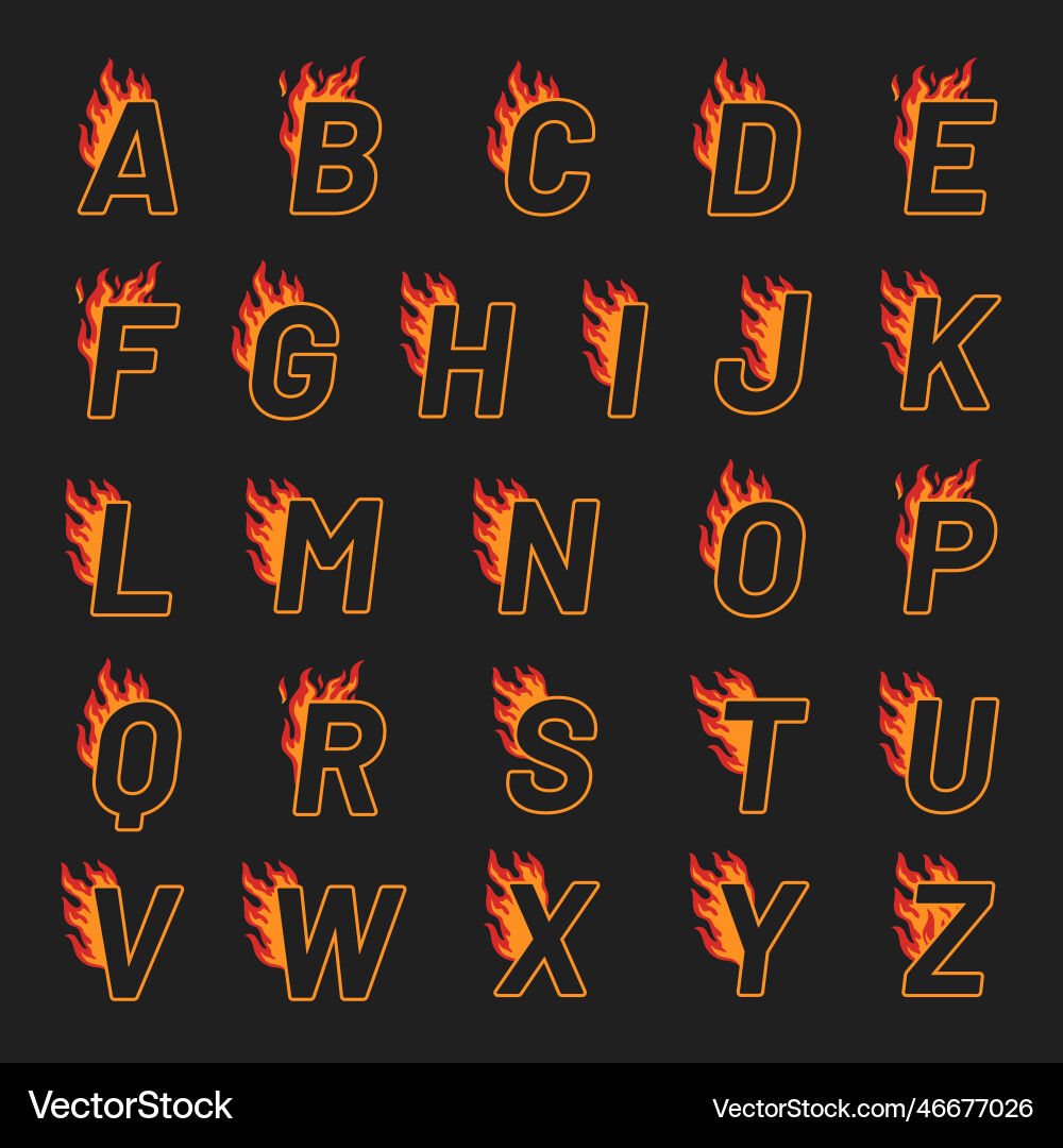Burning letters colorful set alphabet Royalty Free Vector