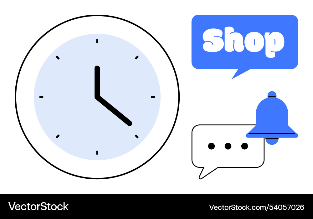 Clock with shop sign notification bell and chat Vector Image
