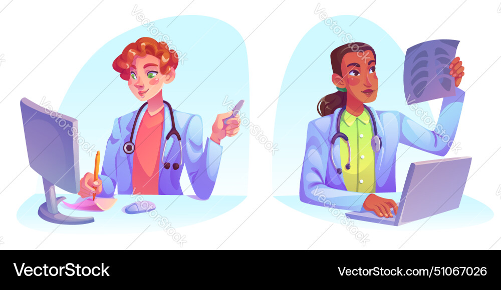Doctors working on computer Royalty Free Vector Image
