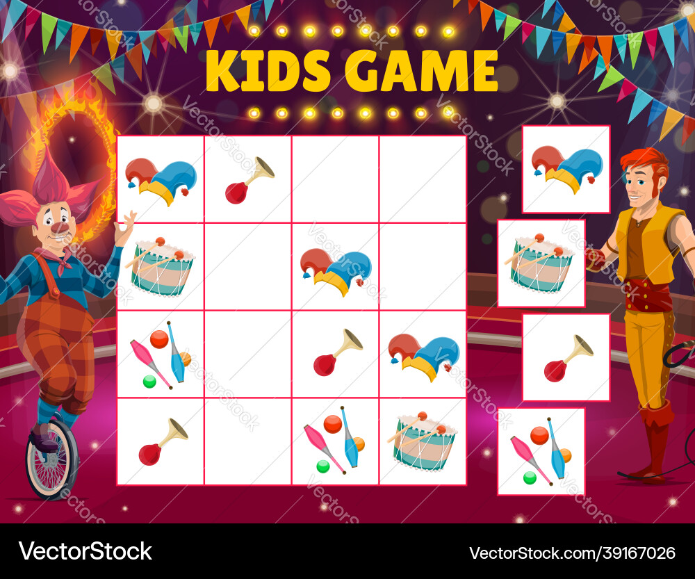 Kids maze game circus sudoku with clown and tamer Vector Image