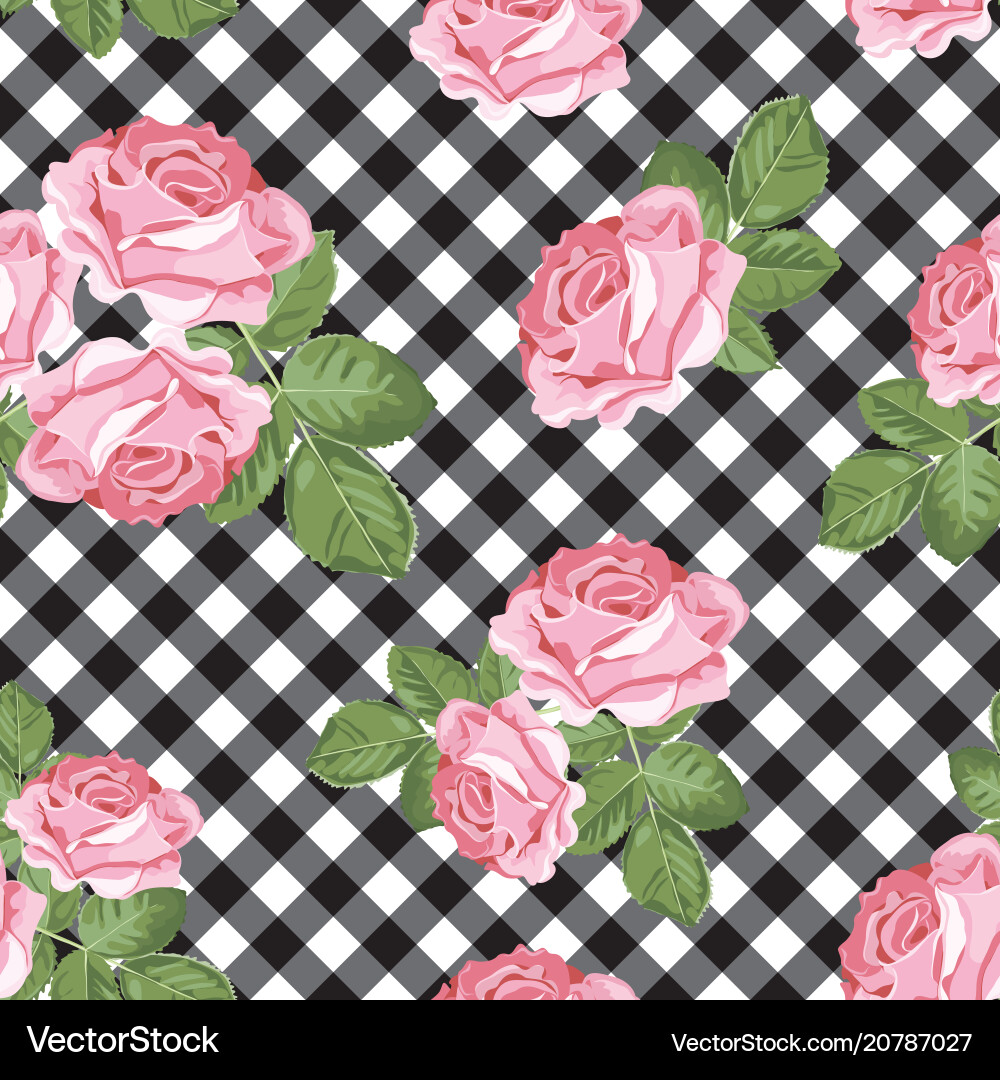 Pink Roses on Gingham Pattern Royalty Free Vector Image