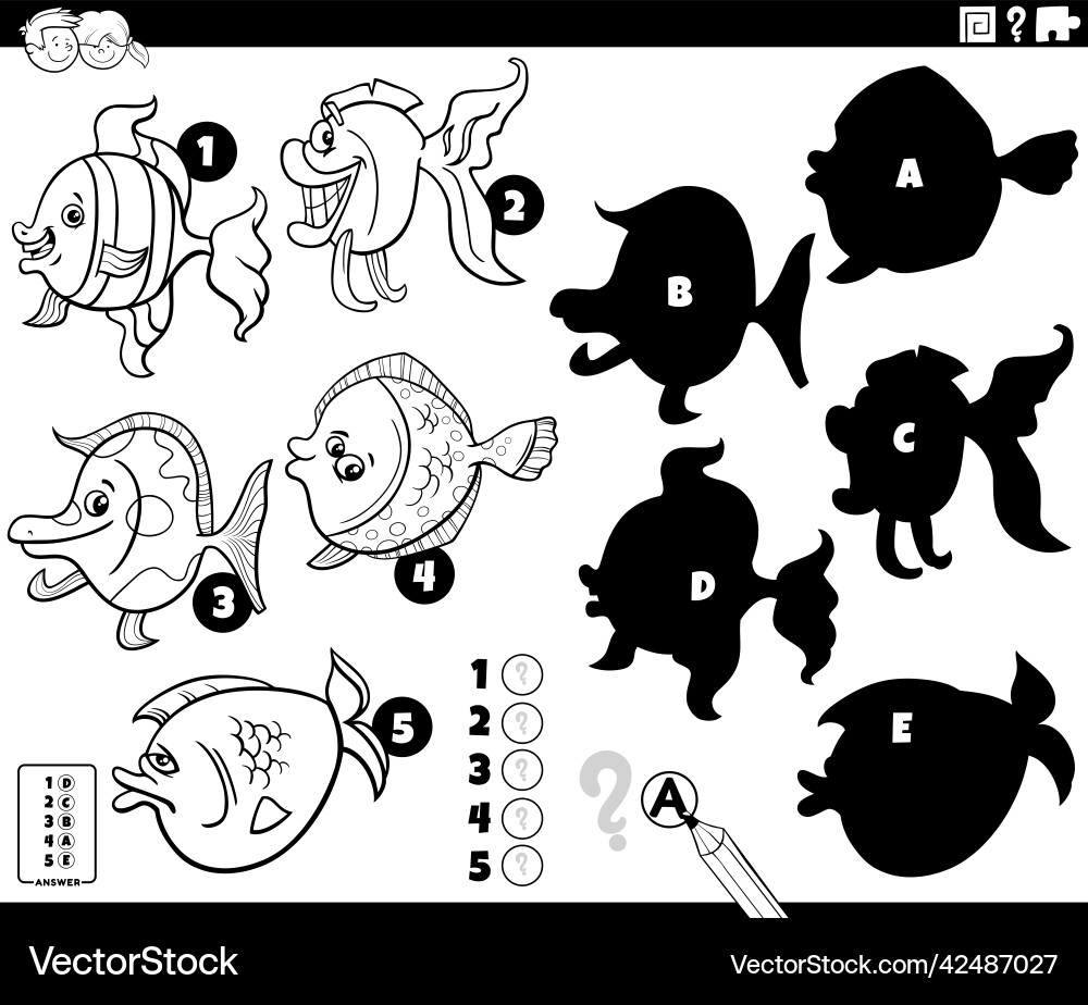 Shadows game with fish animals coloring book page Vector Image