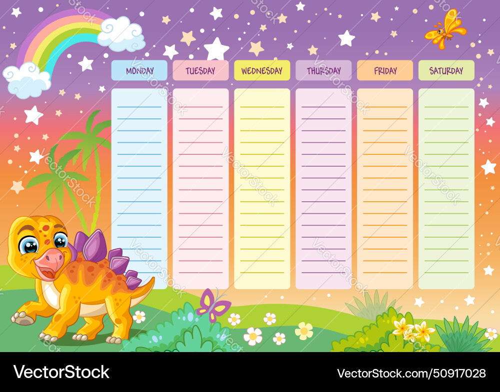 Kids Weekly School Planner - Dinosaur Theme Vector Image