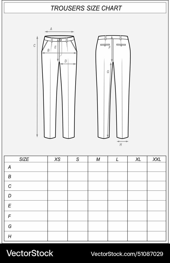 Trousers size chart business pants Royalty Free Vector Image