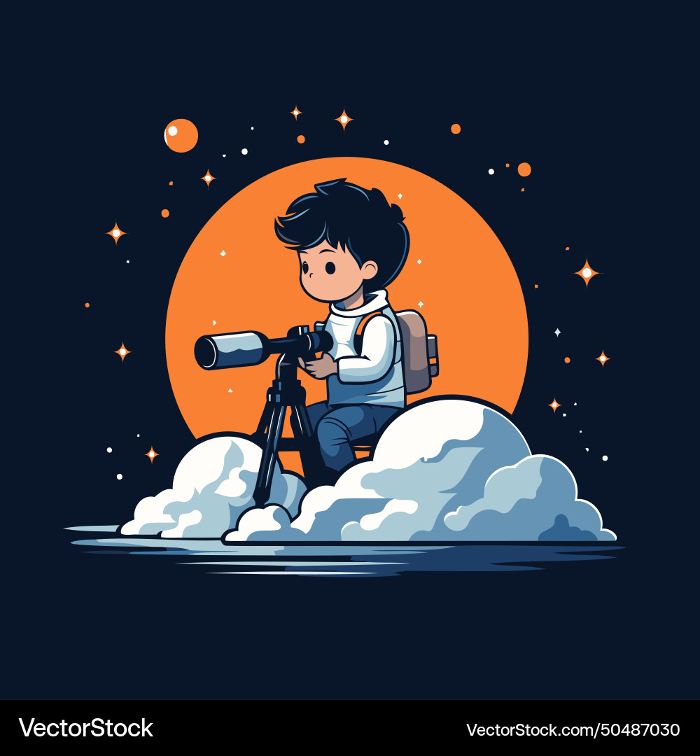 Cute boy shooting starry sky with telescope Vector Image