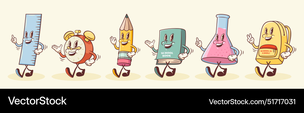 Groovy back to school retro characters set Vector Image