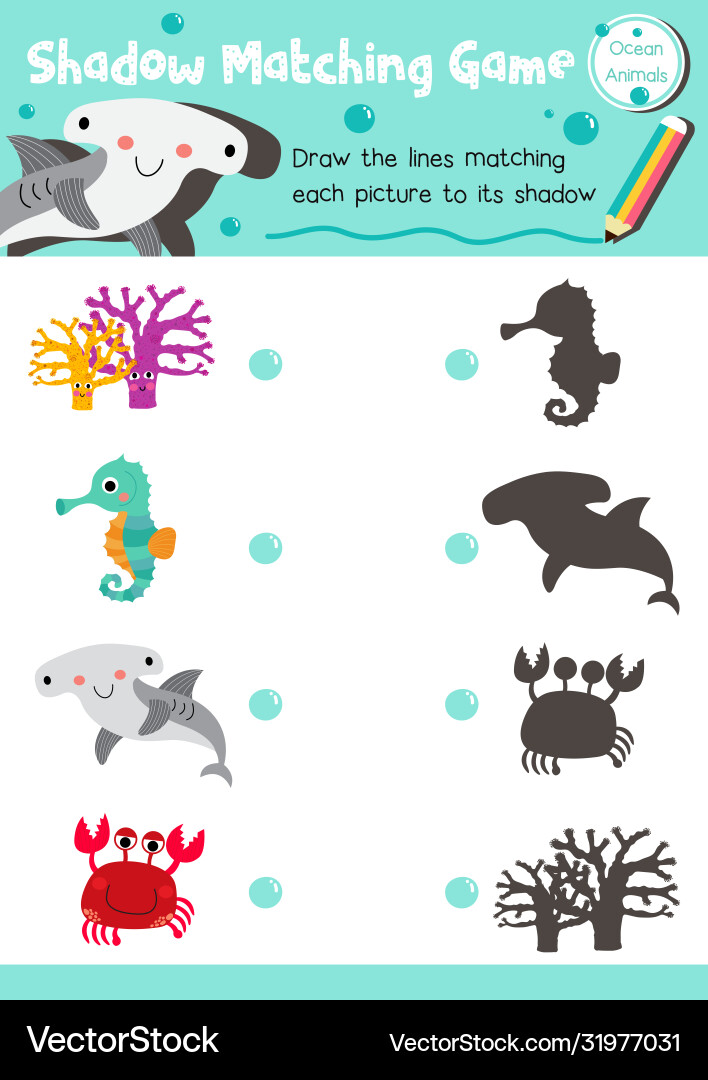 Shadow matching game ocean animal Royalty Free Vector Image