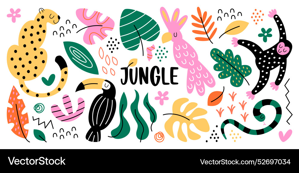Abstract jungle pattern set with tropical animals Vector Image