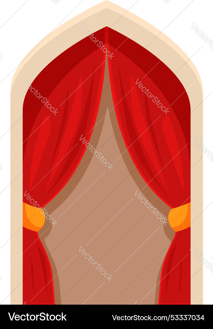 Red curtains are covering an arched window Vector Image