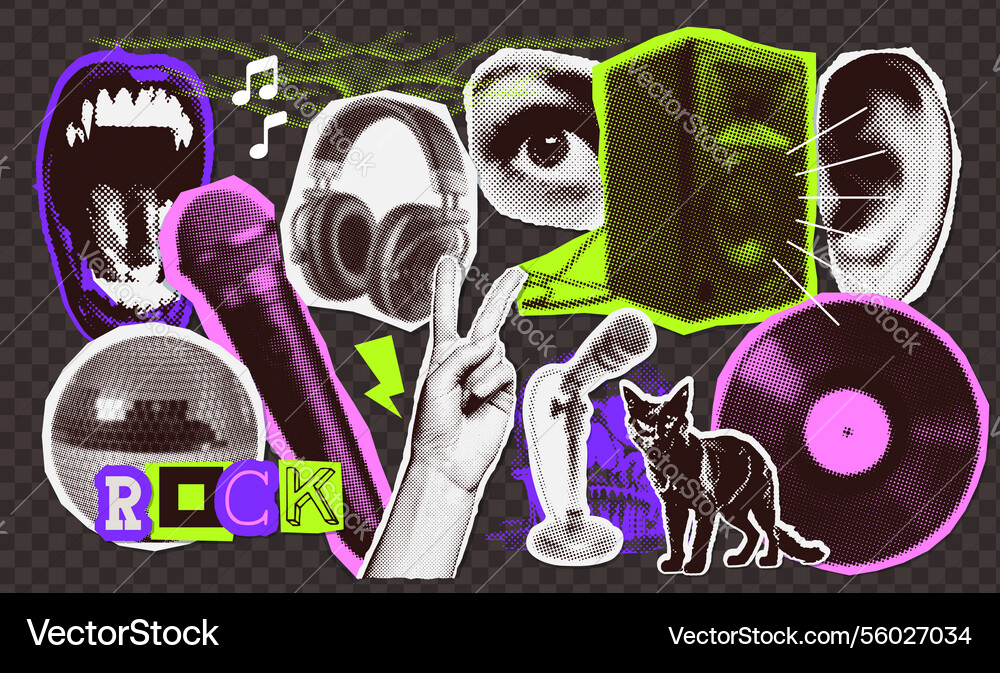 Rock music karaoke halftone collage elements set Vector Image