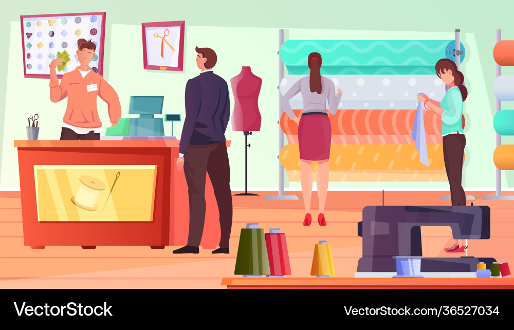 Tailoring materials flat composition Royalty Free Vector