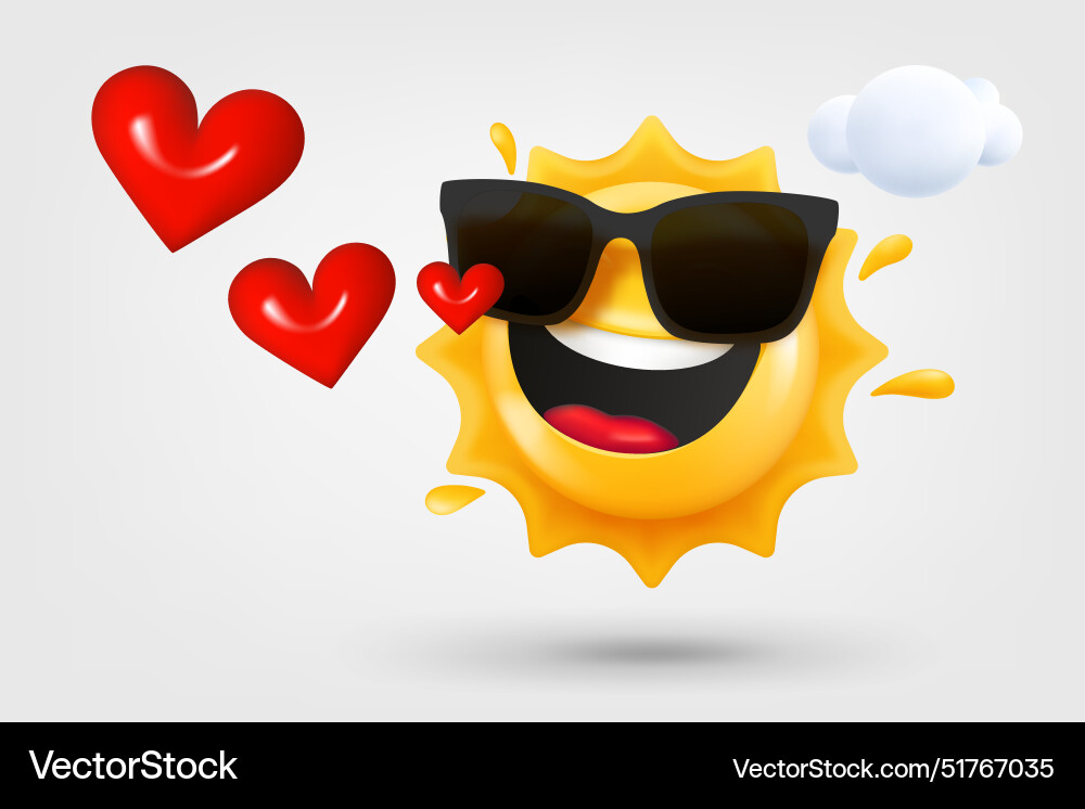 Happy sun emoji with red hearts 3d Royalty Free Vector Image