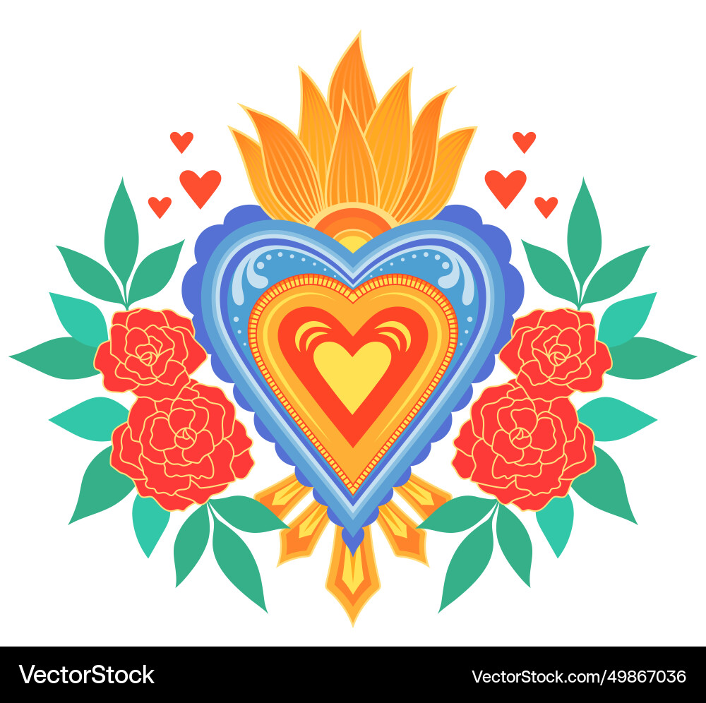 Flaming heart with roses Royalty Free Vector Image